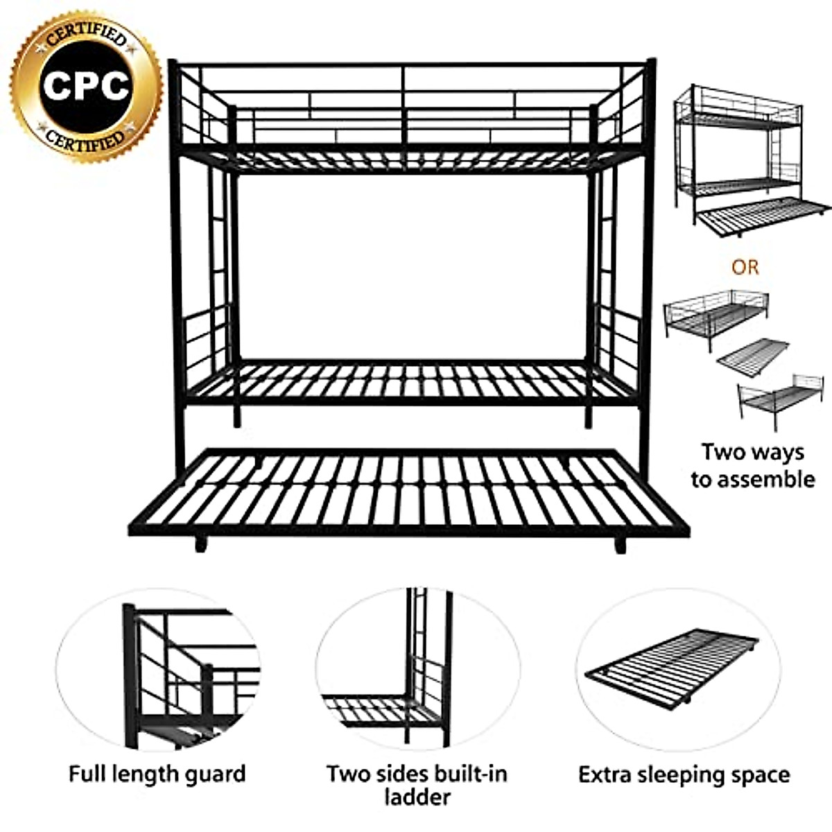 OYN Twin Over Twin Metal Bunk Bed Frame with Trundle and 2 Ladders, Black (New Upgrade Reinforcement Version)