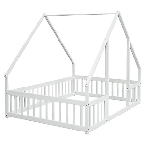 Luckiofvonne House Bed for Kids, Full Size Floor Bed with Fence Rails, Wood Montessori Bed Frame for Girls Boys Teens, White