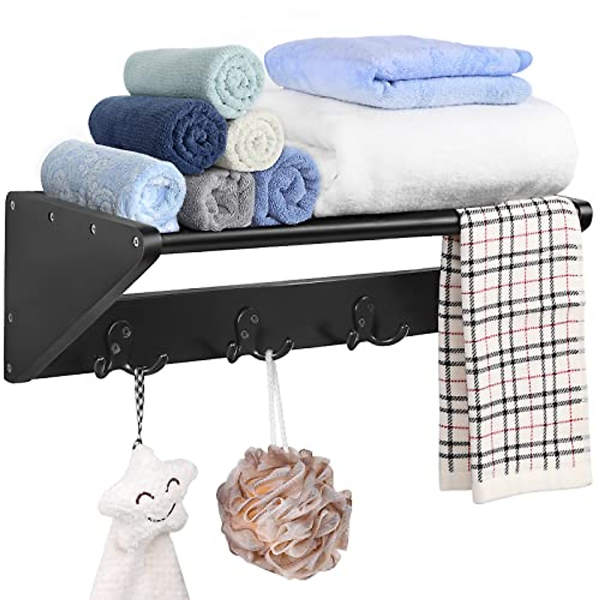 MaxGear Towel Racks for Bathroom, Towel Holder Wall Mounted, Bathroom Shelf Decor, Hanging Bathroom Rack with 3 Double Hooks, Farmhouse Toilet Shelf Black Towel Hanger, Bathroom Organizer and Storage