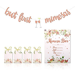 Mimosa Bar Sign But First Mimosas Banner Boho Floral Bridal Shower Decorations Rose Gold Baby Shower Graduation Decor Summer Brunch Bubbly Bar Themed Wedding Engagement Birthday Party Mimosa Bar Kit