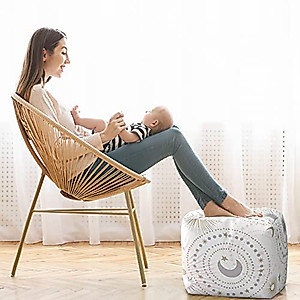 Sweet Jojo Designs Blush Pink Gold Star and Moon Girl Ottoman Pouf Cover Unstuffed Poof Floor Footstool Square Cube Pouffe Storage for Baby Nursery Kids Room Grey Celestial Sky Stars Gray Shabby Chic