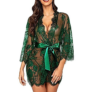 Qopobobo Women Lingerie Naughty Sexy Plus Women's Lace Kimono Robe Long Sleeve Lingerie Mesh Nightgown Dress with Belt