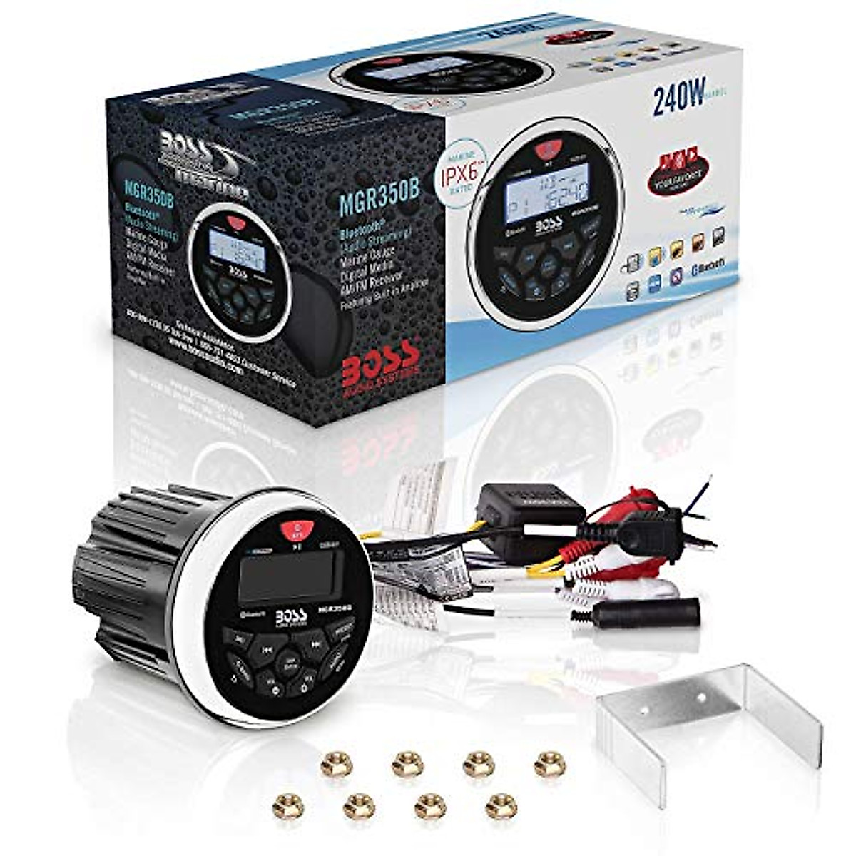 BOSS Audio Systems MGR350B Marine Gauge Receiver - Bluetooth, Digital Media MP3 Player + MR4.3W 200-Watt 3 Way Marine 4-Inch Enclosed System Speakers.