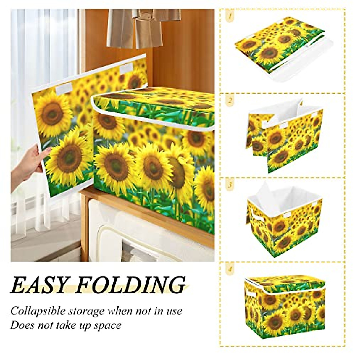 innewgogo Field Yellow Sunflowers Storage Bins with Lids for Organizing Baskets Cube with Cover with Handles Oxford Cloth Storage Cube Box for Car