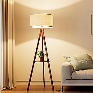 LEPOWER Tripod Floor Lamp, Mid Century Wood Standing Lamp, Modern Design Shelf Floor Lamp for Living Room, Bedroom, Office, Flaxen Lamp Shade with E26 Lamp Base
