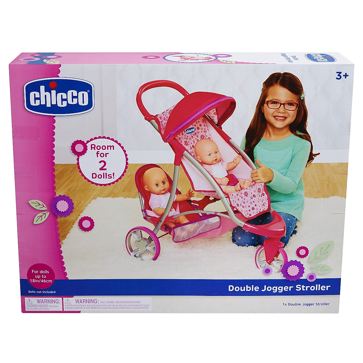 Chicco 63956 Double Jogger Stroller for Baby Dolls, Small, Pink