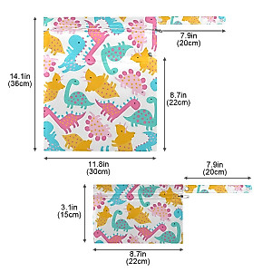Moudou 2pcs Dinosaur Wet Dry Bag Waterproof Reusable Baby Cloth Diaper Wet Dry Organizer with Two Zippered Pockets for Travel, Beach, Pool, Stroller, Diapers, Dirty Gym Clothes, Wet Swimsuits