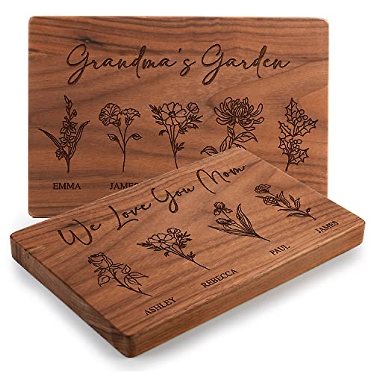 GRANDMA'S GARDEN, Personalized Walnut Cutting Board with Birth Flower Design - Mothers Day Gifts for Grandma, Custom Engraved Gifts for Mom, Grandma - Grandma Gifts Ideas - 4 Names