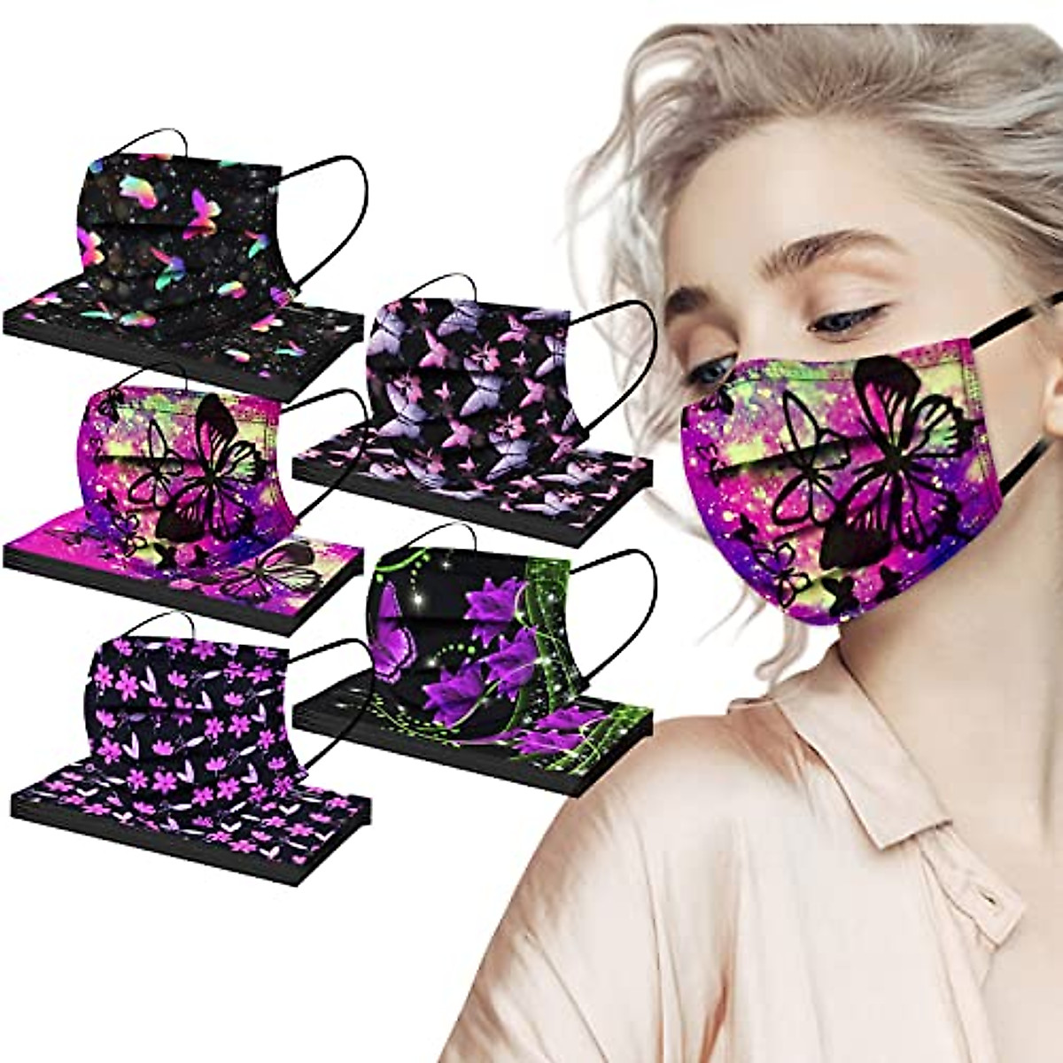 Wtosuhe 50 Pack Adults Floral Disposable FaceMasks, 3-Ply Women Spring FaceMasks with Flowers Butterfly Designs and Nose Wire for Work Holiday