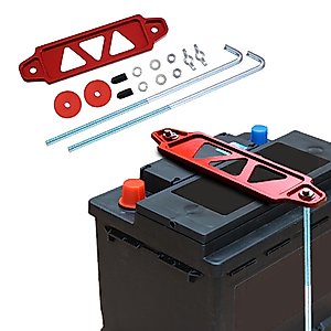 Battery Hold Down Bracket Holder, Aluminum Alloy Car Battery Hold Down Bracket, Battery Hold Down Bracket with 10in J Bolts, Battery Tray for Car Battery Mount Bracket Hold Lock Accessories (Red)