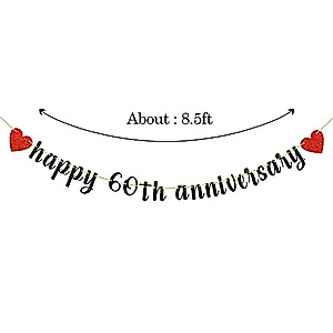 WeBenison Glitter Happy 60th Anniversary Banner, 60th Wedding Anniversary Party Banner Decor, 60th Anniversary Party Decorations Black & Red