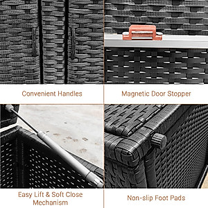 RELAX4LIFE PE Wicker Storage Box - Outdoor 88 Gallon 2-Tier Deck Box for Patio Furniture Toys Storage w/Lid & Front Doors, All Weather Rattan Storage Bin for Backyard Garden Poolside Porch (Black)