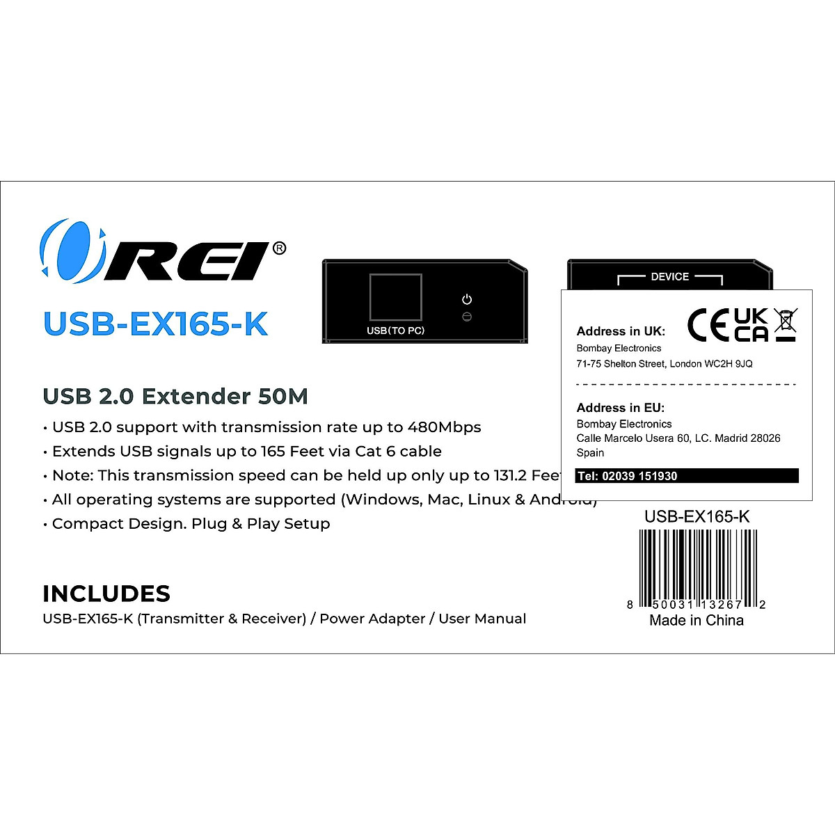 OREI USB Over Ethernet Extender Upto 330 Feet - Extends USB 2.0 Signals Over LAN Ethernet with 2 Ports - Power Over Cable, Long Distance Extension & Support for All Operating Systems (USB-EXB330-K)