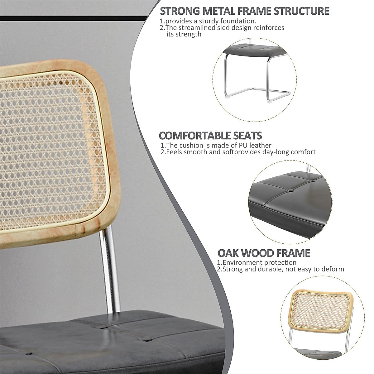 Dining Chairs Set of 2, Upholstered Dining Room Kitchen Side Chairs with Backrest and Metal Legs, Mid Century Modern Armless Farmhouse Rattan Dining Chairs for Living Room, Kitchen, Restaurant, Grey