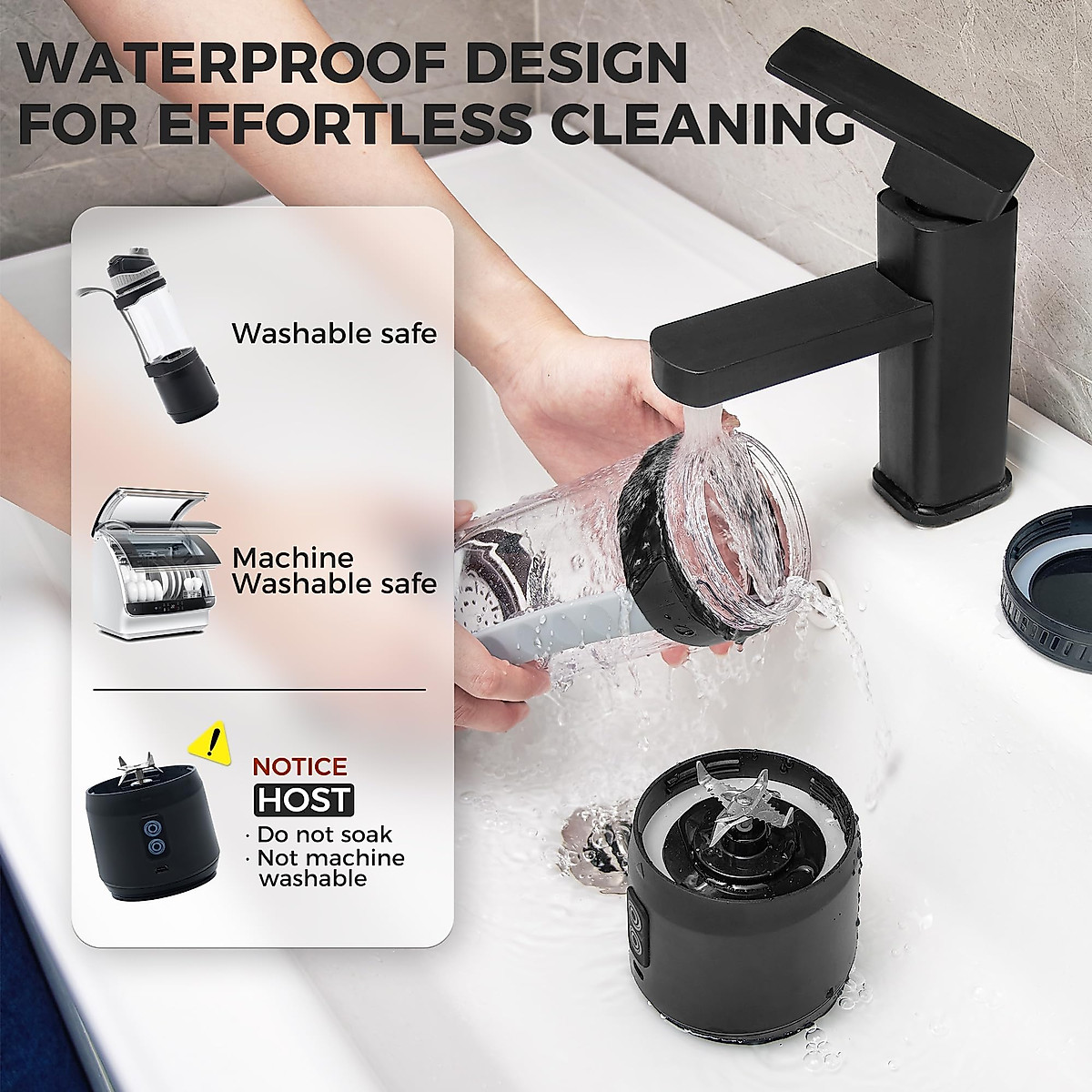 Portable Blender, Anti-Jamming 300 Watt for Shakes and Smoothies, 24oz Travel Blender USB Rechargeable, BPA Free Sporty bottle with a Travel Lid. (Black Base Grey Lid)