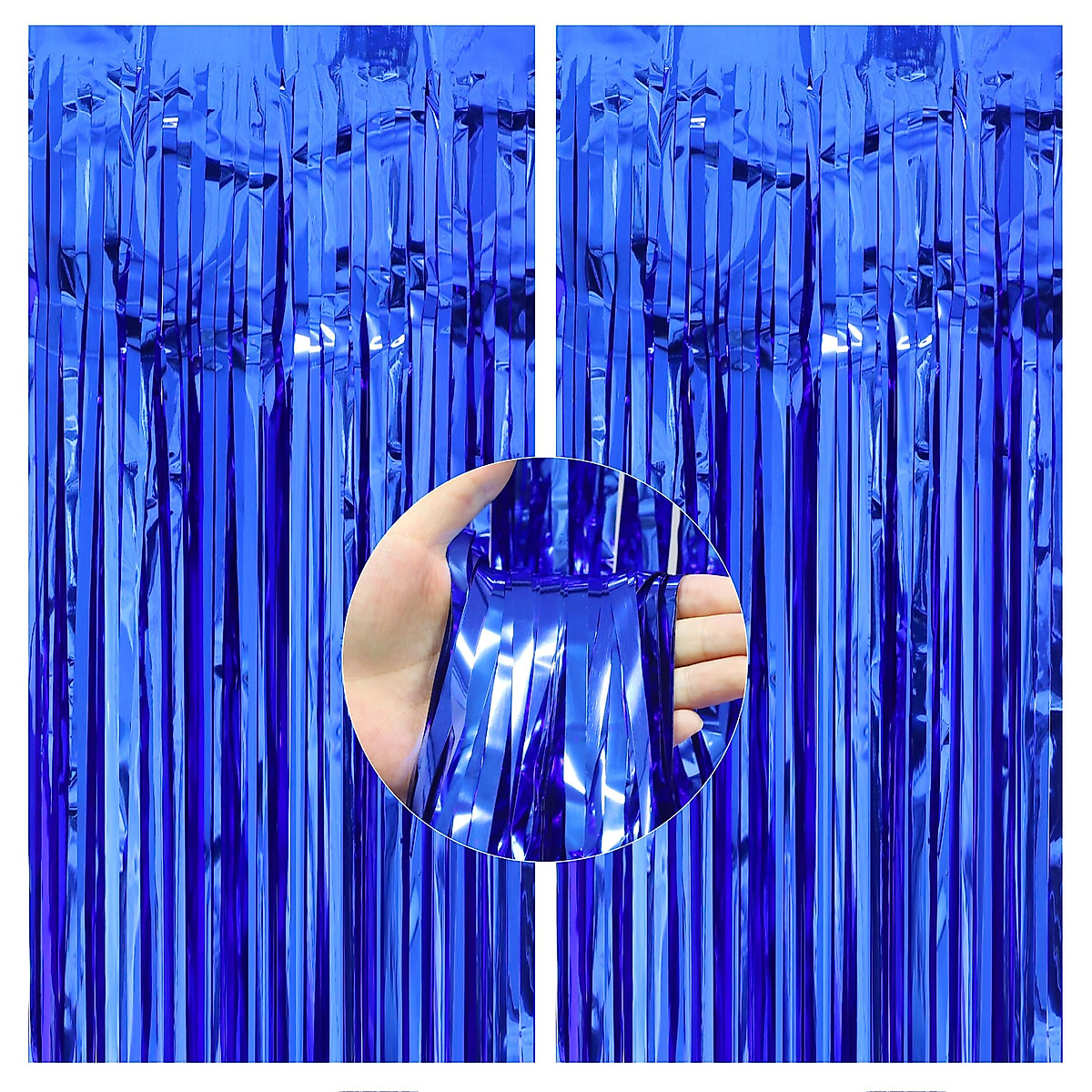 TOPPOT 2 Pack 3.3x8.2 ft Blue Foil Fringe Curtains Backdrop, Tinsel Curtain Backdrop, Streamer Backdrop for Birthday Party, Graduation and Most Common Holiday Party Decorations