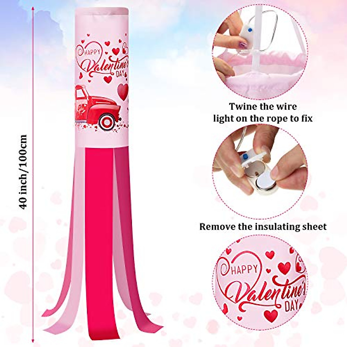 2 Pieces Happy Valentine's Day Windsock Polyester Garden Windsock Heart Pattern Windsock Flag Outdoor Hanging Decorative Windsocks for Valentine's Day Front Yard Patio Lawn Garden (Romantic Style)