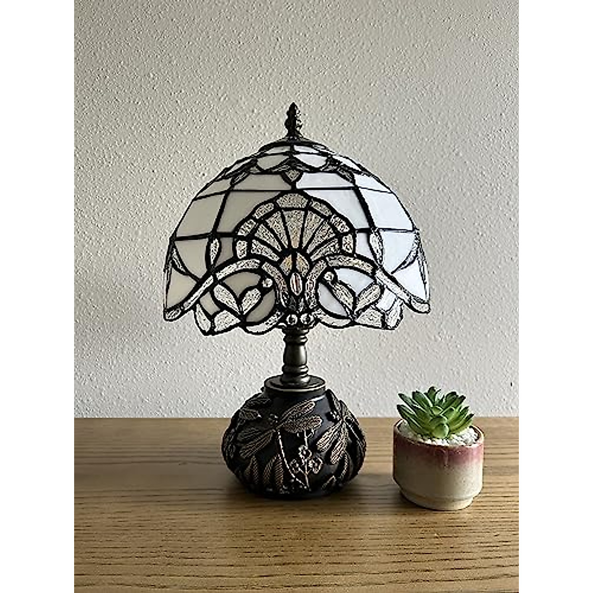 Enjoy Tiffany Style Table Lamp White Baroque Style Lavender Stained Glass Included LED Bulb Vintage for Living Room Dining Room Bedroom Bedside Office Hotel H14*W10 in