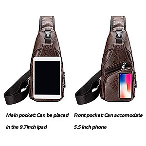 JUMO CYLY Leather Sling Bag with USB Charging Port Large Mens Crossbody Shoulder Bag Travel Sling Chest Bag (Small Deep Brown)