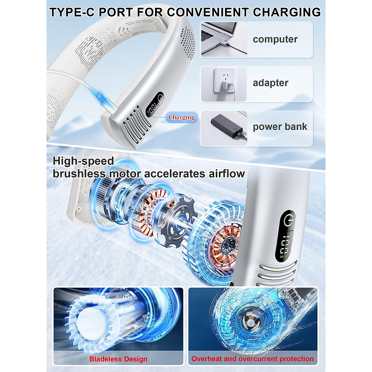 Portable Neck Fan Rechargeable 7000mAh, Bladeless 360° Airflow Cooling Neck Fan Cooler with Necksupport, Quiet Wearable Hands-Free Personal Fan, 4 Turbo, Display, Portable Fan for Hot Flashes/ Travel