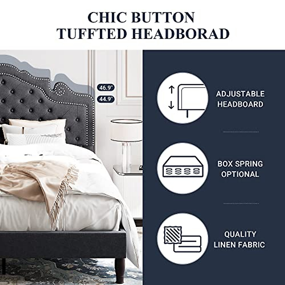 Allewie Queen Bed Frame with Adjustable Tiara Headboard, Fabric Upholstered Diamond Button Tufted Platform Bed, Wood Slats Support, No Box Spring Needed, Mattress Foundation, Easy Assembly, Dark Grey