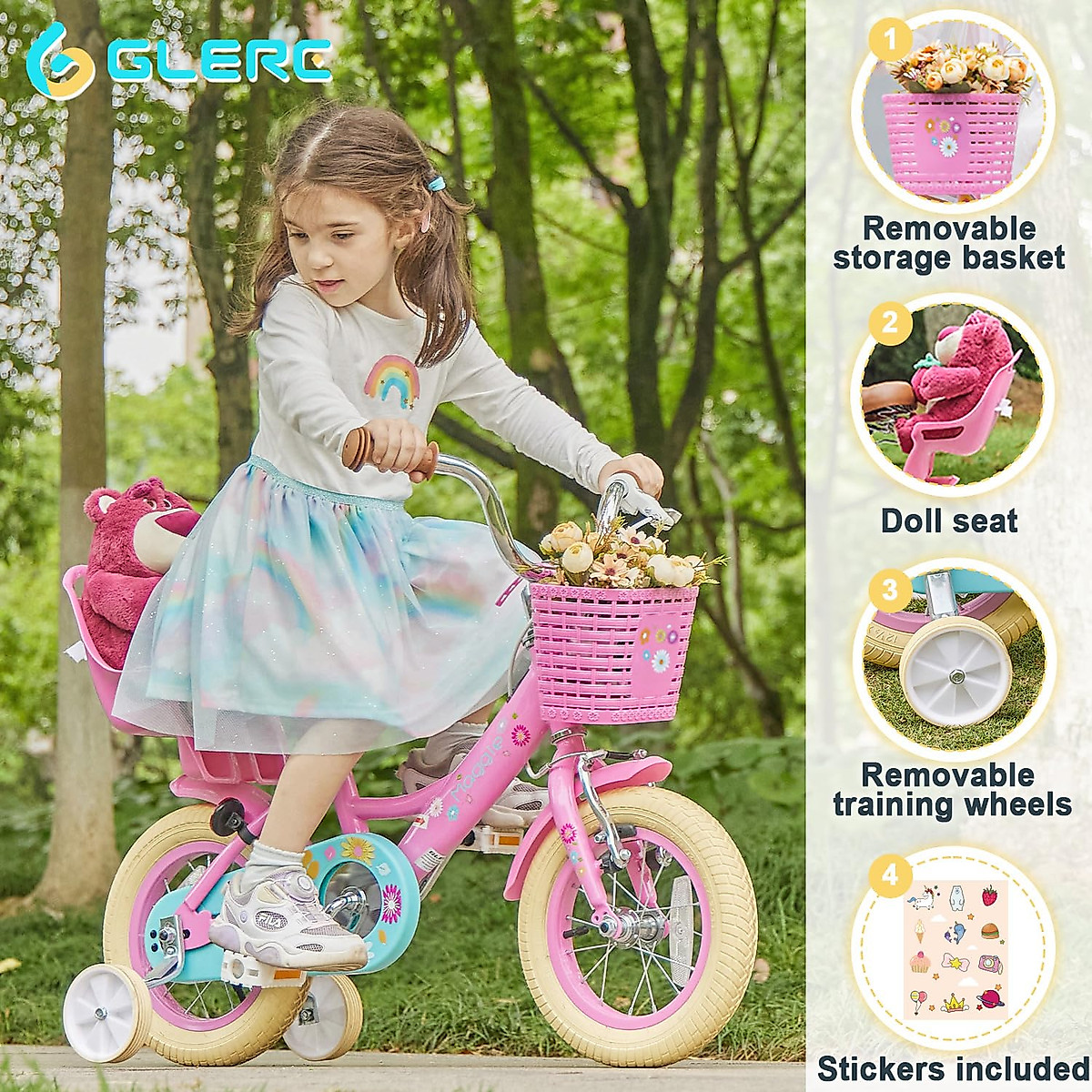 Glerc Maggie 14 Inch Girls Bike Ages 2 3 4 5 6 7 Years Old Kids Bicycle Princess Style with Doll-Seat & Basket & Training Wheels & Bell for Birthday, Pink