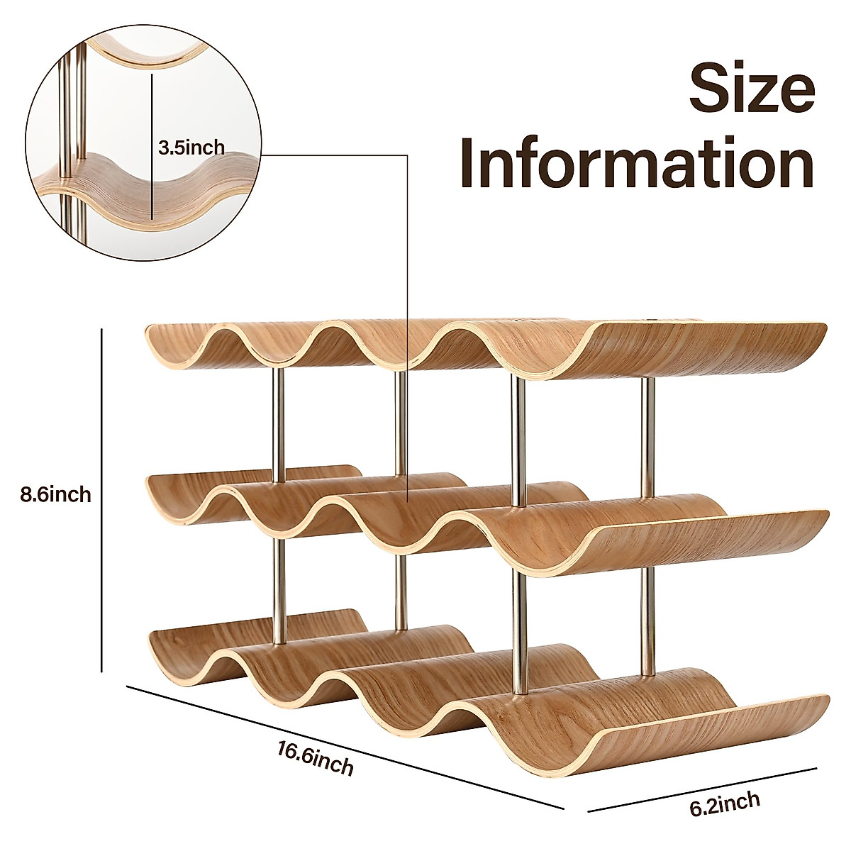 TRUDING Countertop Wine Rack - 12 Bottle Freestanding Wine Bottle Holder Stand - 3 Tier Wooden Wine Storage Rack - Wavy Wine Organizer for Cabinet Pantry Home Kitchen Bar