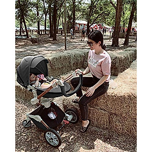Baby Stroller 360 Rotation Function,Hot Mom Baby Carriage Pu Leather Pushchair Pram,Dark Grey