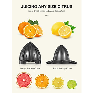 Electric Citrus Juicer Squeezer, Orange Juicer with Two Interchangeable Cones, Suitable for orange, lemon and Grapefruit, Brushed Stainless Steel, Easy to Clean and Use (Black+Silver)