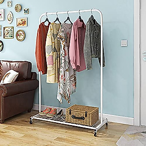 Simple Trending Standard Rod Clothing Garment Rack, Clothing Rolling Rack With Mesh Storage Shelf On Wheels (White)
