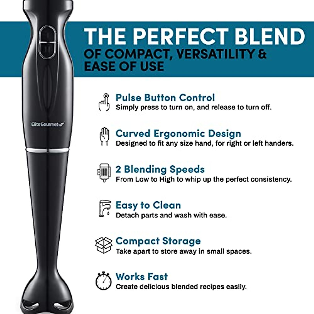 Elite Gourmet EHB1023 Immersion Hand Blender 300 Watts 2 Speed Mixing with Detachable Blades, Detachable Wand Stick Mixer, Smoothies, Baby Food, Soup, Black