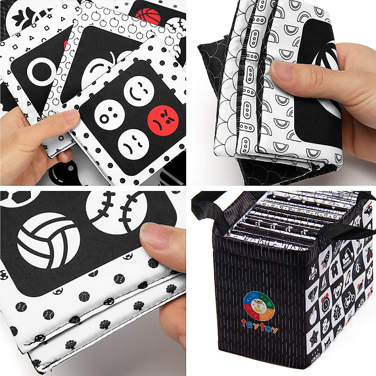 teytoy Black and White Baby Sensory Toys High Contrast Cards Cloth Fabric Soft Cards for Newborn 0-6 Months Visual Stimulation Early Development with Animals Fruit Number Shape Letter, 26 Pcs