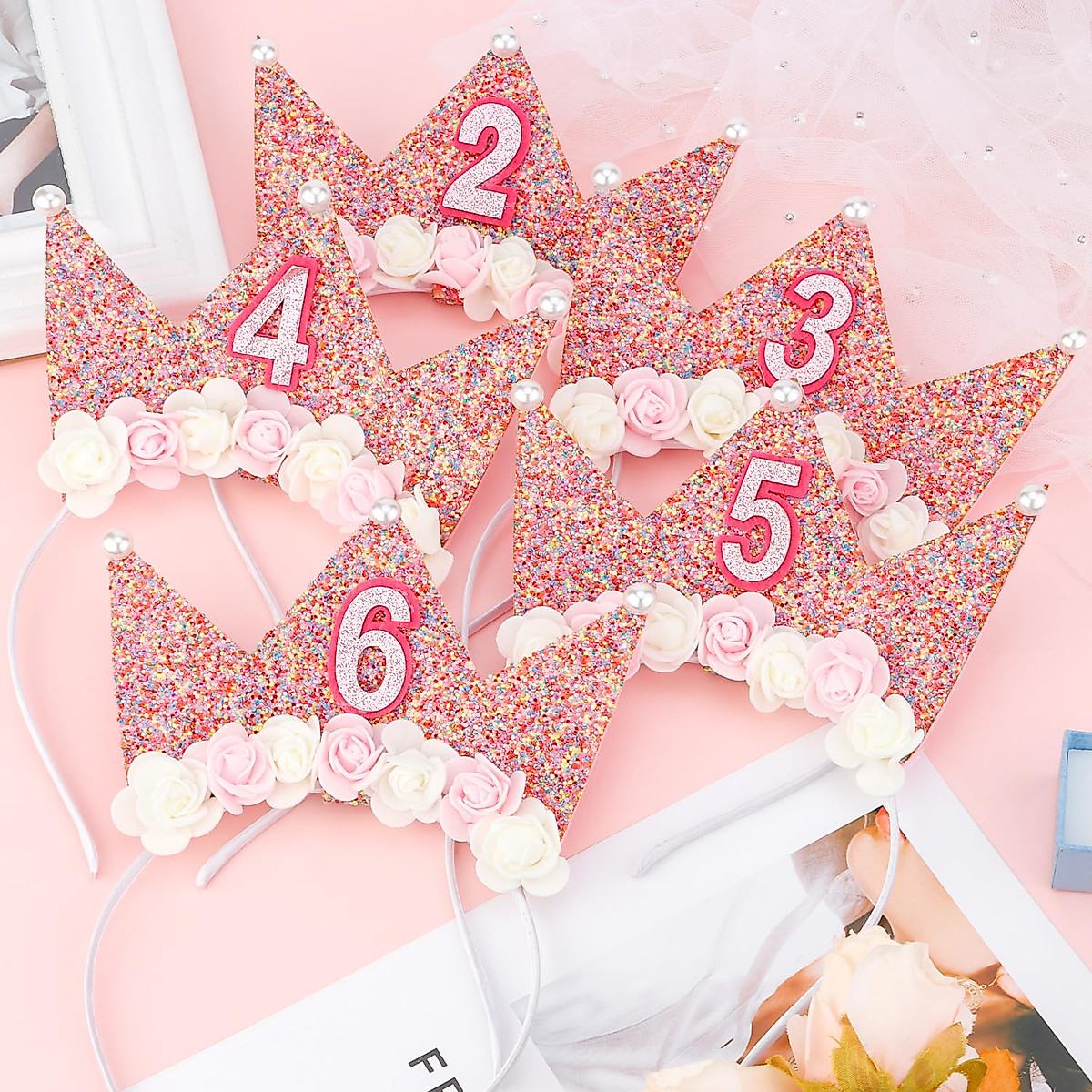 SuPoo Birthday Decorations for Girls - 6th Birthday Headband Crown, Glitter Hair Band, Flower Princess Tiara Hair Accessory for Party