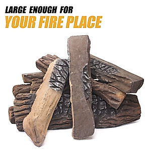 Gas Fireplace Logs,10pcs Large Faux Firepit Logs, Decorative Ceramic Wood Log Set for Indoor Outdoor Gas Insets, Vented,Ventless, Electric,Ethanol,Gel Fireplaces
