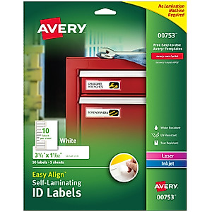 Avery Professional Grade Self-Laminating Water Resistant ID Labels, 3-1/2" x 1-1/32", 50 Pack (00753)