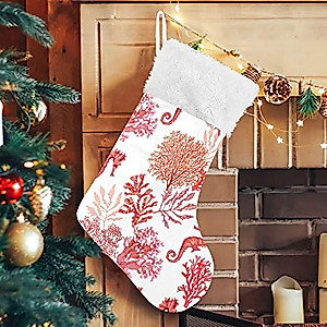 Kigai Christmas Stockings Coral Seahorse Large Candy Stockings Stuffers Kids Cute Xmas Sock Decorations 1PC for Home Holiday Party 12" x18"