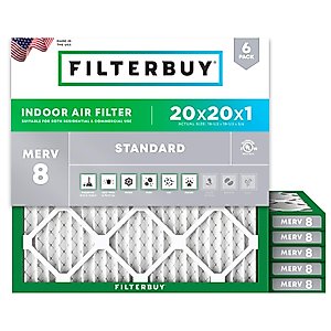 Filterbuy 20x20x1 Air Filter MERV 8 Dust Defense (6-Pack), Pleated HVAC AC Furnace Air Filters Replacement (Actual Size: 19.50 x 19.50 x 0.75 Inches)