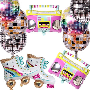 Timisea 10 PCS Rainbow Roller Skate Balloons Boom Box Balloon,22 Inch Round Color Foil Balloons, 4D Laser Disco Foil Balloons 80s 90s Retro Theme Hip Hop Disco Fever Birthday Party Balloon Decor