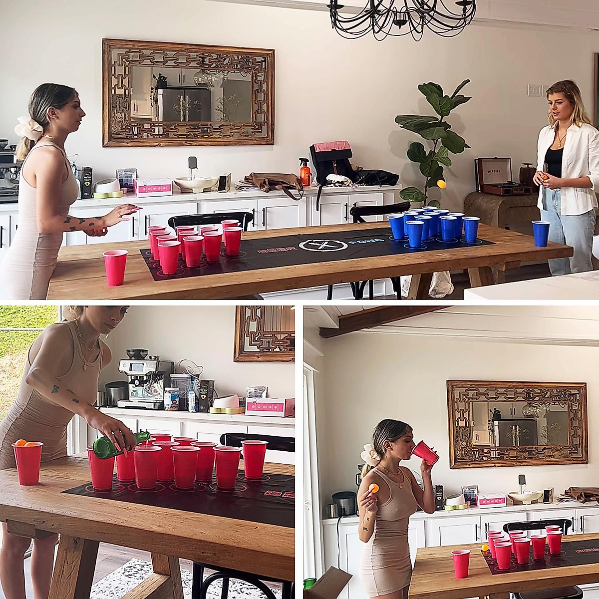 Yeuligo 71 × 23in Beer Pong Table Mat, Beer Pong Set for Drinking Games, 14 × Beer Pong Balls, 24 × Reusable Plastic Beer Pong Cups, Party Festivals Fun Drink Games for Adults.