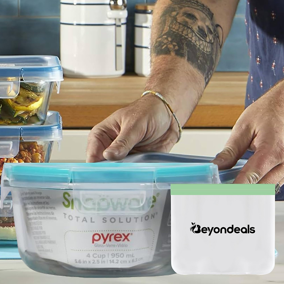 beyondeals 4-Cup Total Solution Glass Food Storage Container, 1.3 Pounds, Bundled Reusable Food Storage Bag Durable BPA-Free, Airtight Lid Round Container, Stackable [Pack of 2]
