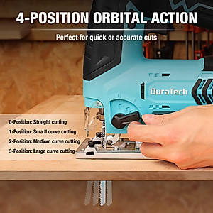 DURATECH Cordless Jig Saw, 20V Electric Jigsaw with 4.0A Battery and Charger, 2800 SPM Adjustable Speed, ±45° Bevel, Dust Blower and 7Pc Blades, Jigsaw Tool Kit for Wood, Metal and Plastic Cutting