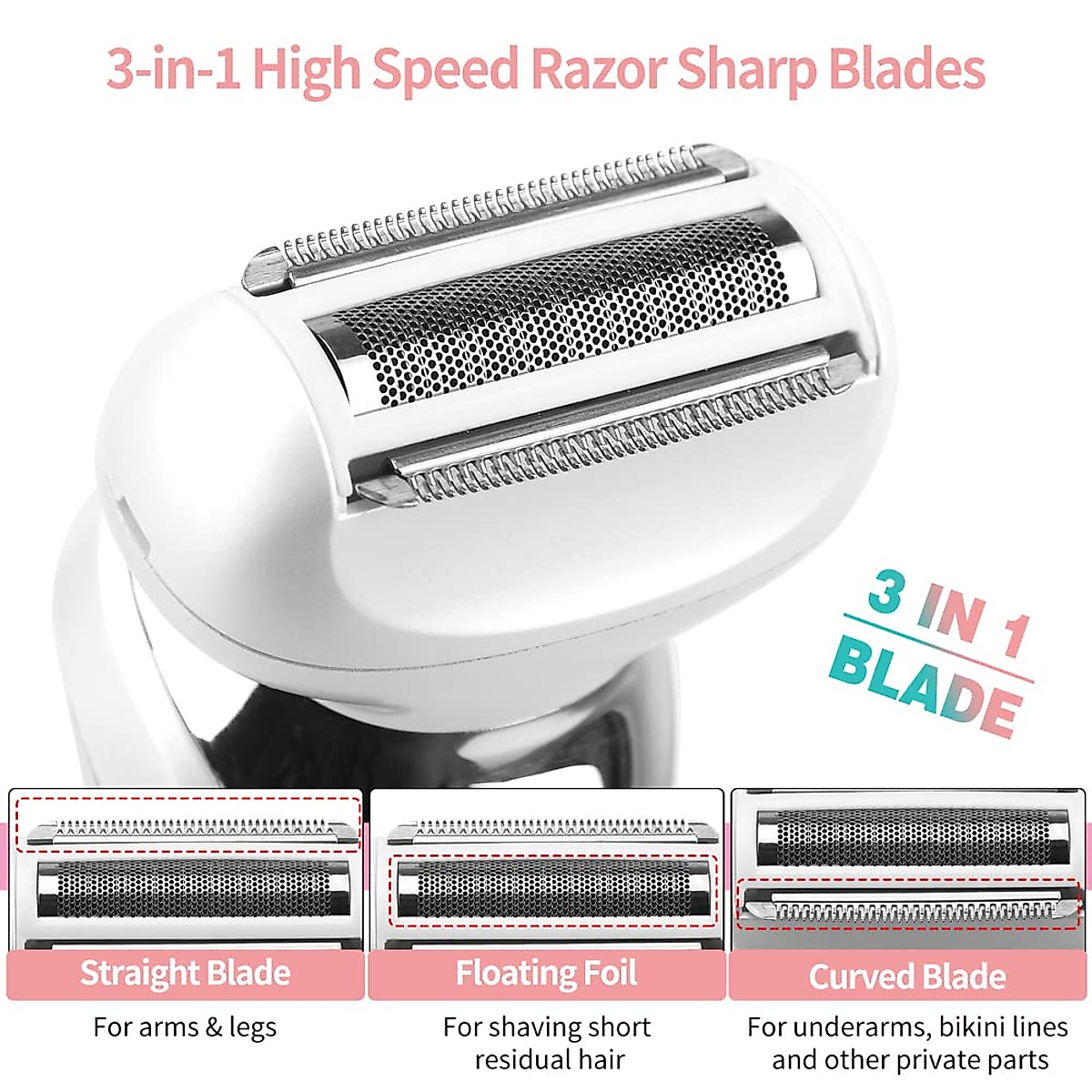 Electric Shaver for Women, LED Display 3 in 1 Blade Electric Razor Painless for Legs Bikini Trimmer Underarm Public Hairs, Rechargeable Womens Hair Remover Wet Dry Use Cordless with Detachable Head