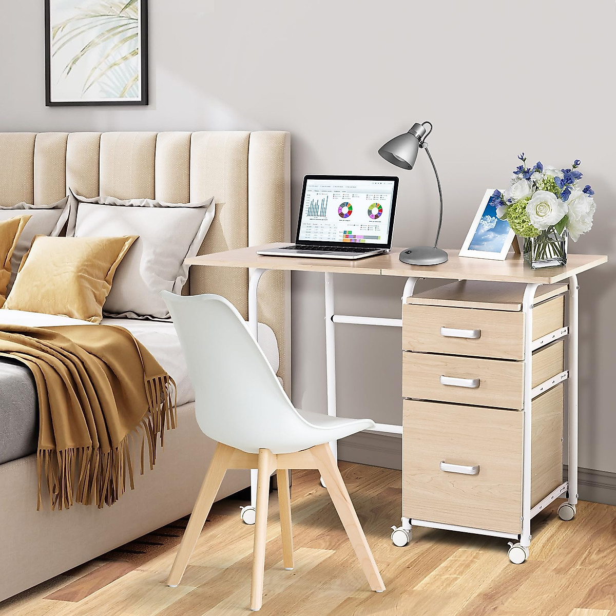 Foldable Computer Laptop Desk w/ 3 Drawers, Wheeled Laptop Desk with Metal Frame, Space Saving Folding Desk with Rolling Wheels for Home Office Small Space (Natural)