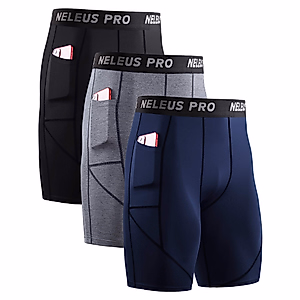 NELEUS Men's Compression Shorts with Pockets Workout Running Tights,3 Pack,6082,Black/Grey/Navy Blue,L