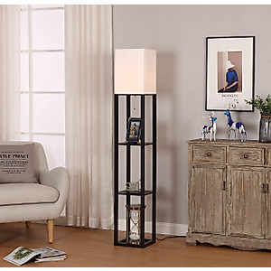 HomeFocus - Floor Lamp,Shelf Floor Lamp with LED Bulb,Display Shelves Floor Lamp,Floor Lamp for Living Room,Floor Lamp for Bedroom,White Linen Shade,Wood,Black