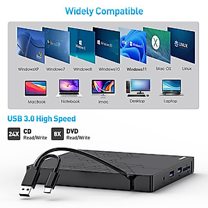 ORIGBELIE External CD DVD Drive, CD Burner USB 3.0 with 2 USB Ports and 2 TF/SD Card Slots, Optical Disk Drive for Laptop Mac, PC Windows 11/10/8/7 Linux OS with Carrying Case