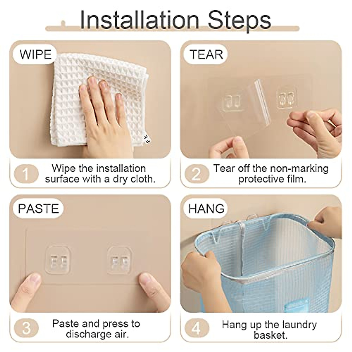 Hanging Laundry Hamper，Laundry Basket，Collapsible Clothes Hamper， Removable and Washable Bag, Metal Wire Frame ，Self-Adhesive ，For Bathroom Space Saving (Gray)