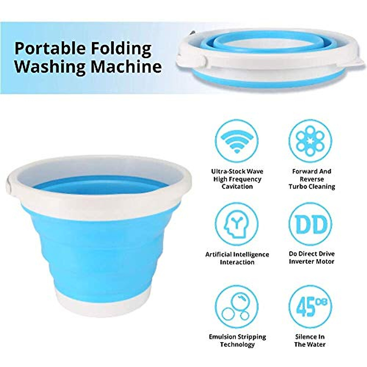 D&T Foldable Mini Tub Washing Machine, Portable Compact Ultrasonic Turbine USB Washer for Apartments, Laundry, Camping Dorms, Home Travel Business Trips