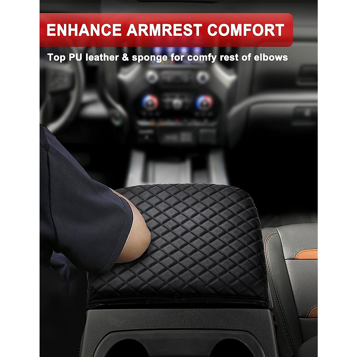 KBH Center Console Armrest Cover for Chevy Chevrolet Silverado, GMC Sierra 2019-2024, Tahoe, Suburban, Yukon 2021-2024, Vinyl Leather Console Lid Cushion, Anti-Scratch, Bucket Seat, Black