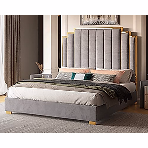 Albott King Size Platform Bed Frame, 65" Velvet Upholstered Bed with Gold Trim Headboard/Wooden Slats/No Box Spring Needed/Grey
